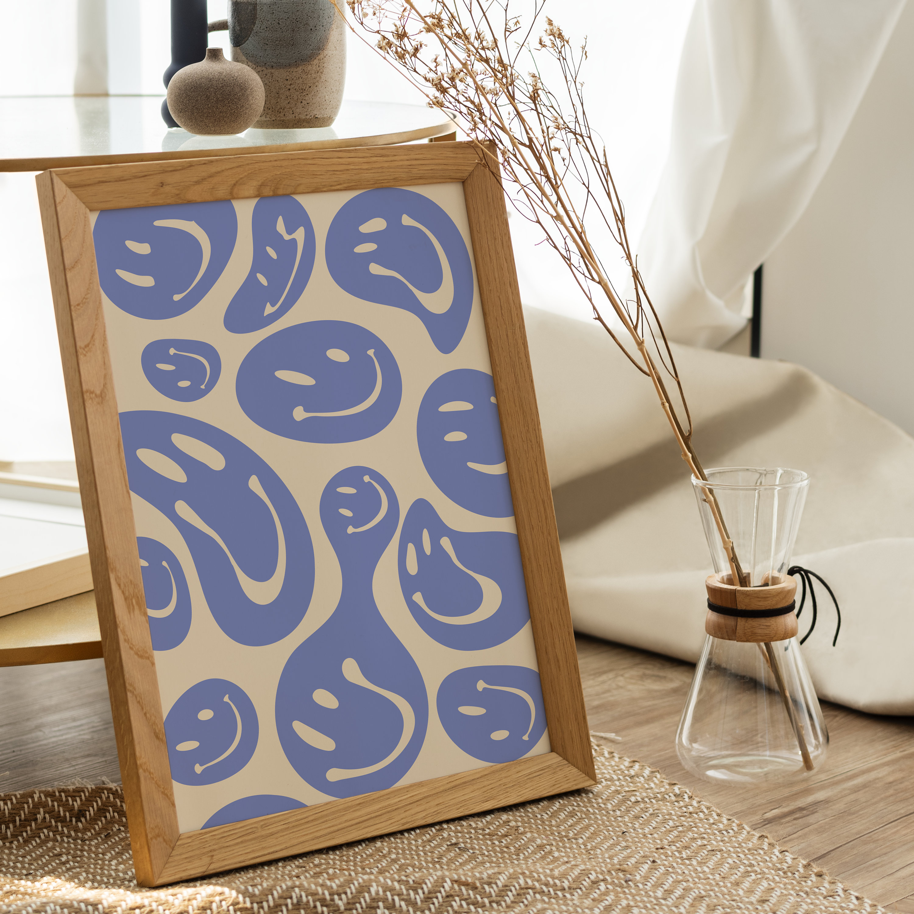 Geschmolzener Smiley Print, Smiley Poster, Bleu-Lila und Beige Smiley ...