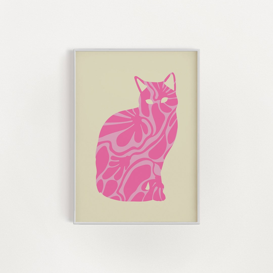 Pink Cat Art Print, Cat Lover Art, Cute Cat Lover Gift, Cat Poster ...
