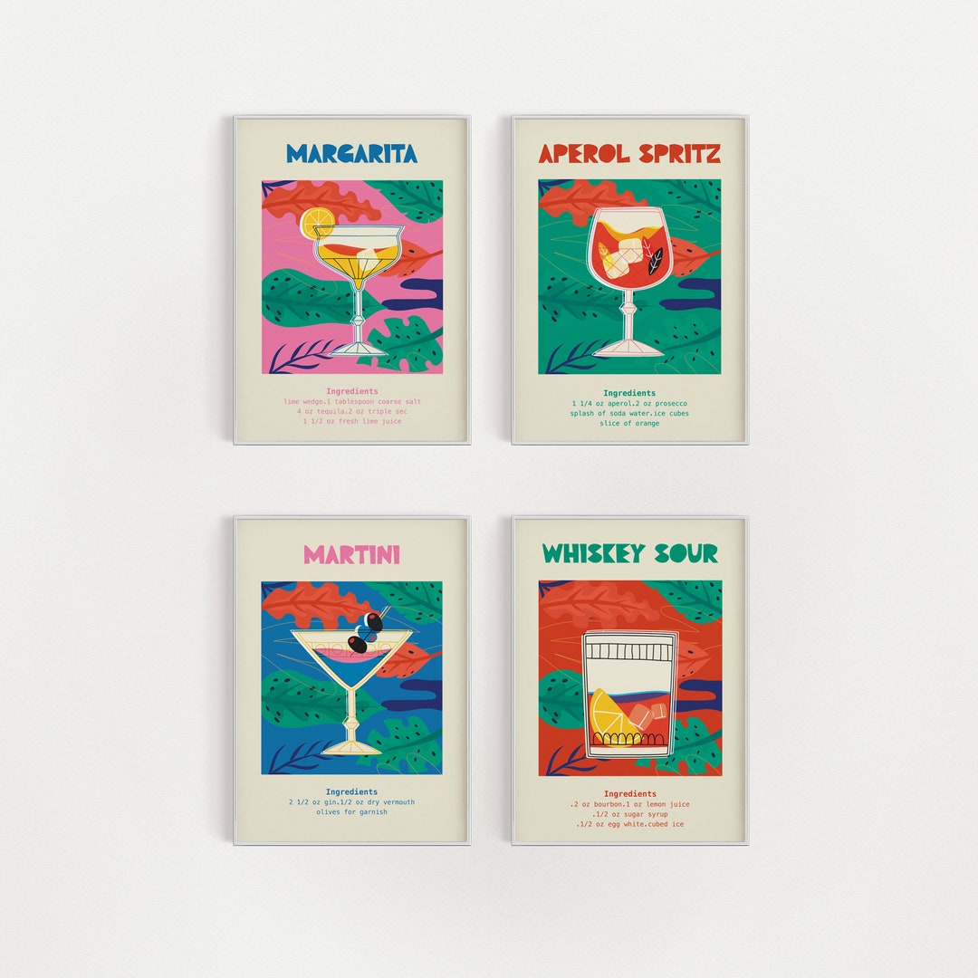 Colorful Cocktail Poster Set of 4, Wall Art Bar Cart Wall Art Alcohol ...