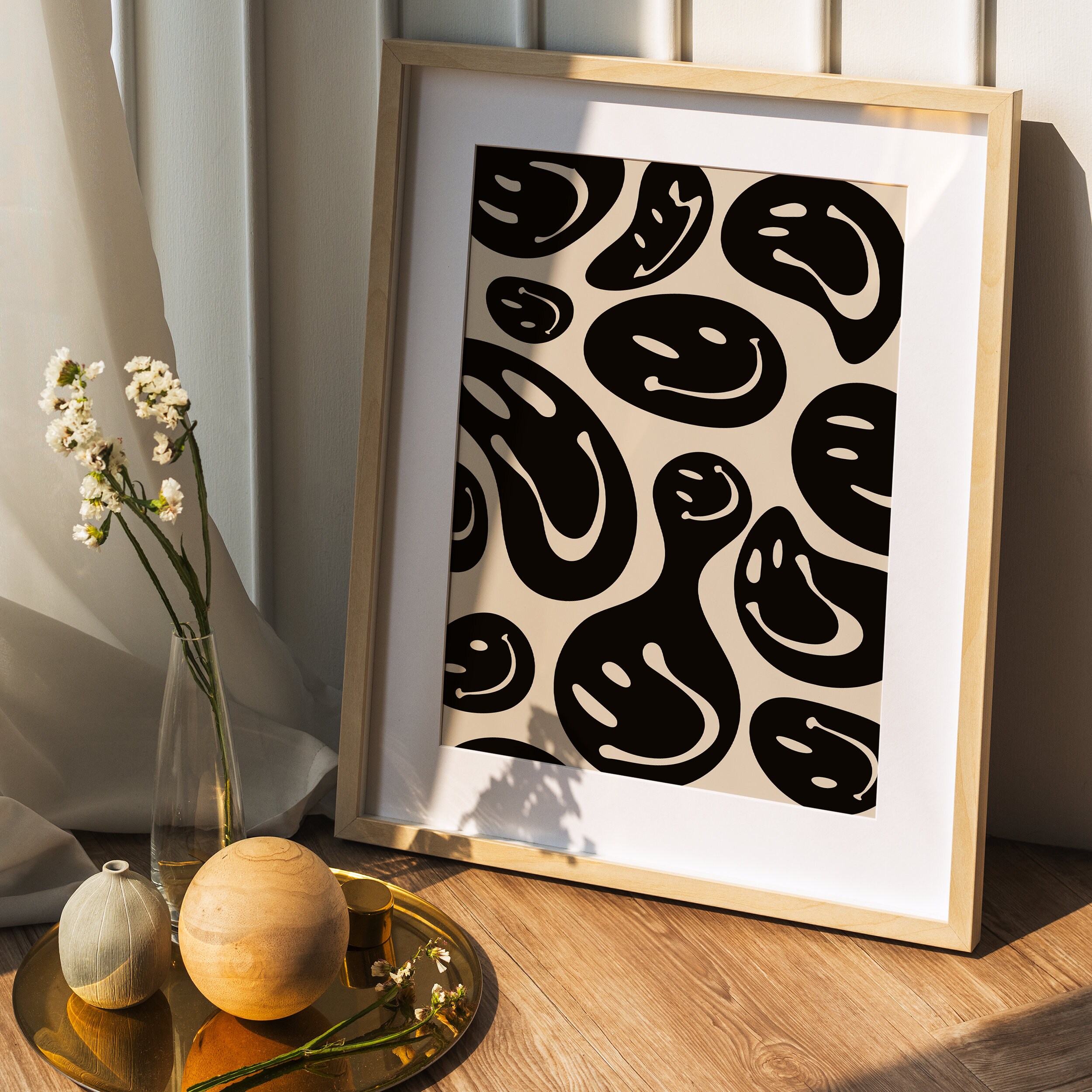 Melted Smiley Print, Smiley Face Poster,wall Art Printable, Black and ...