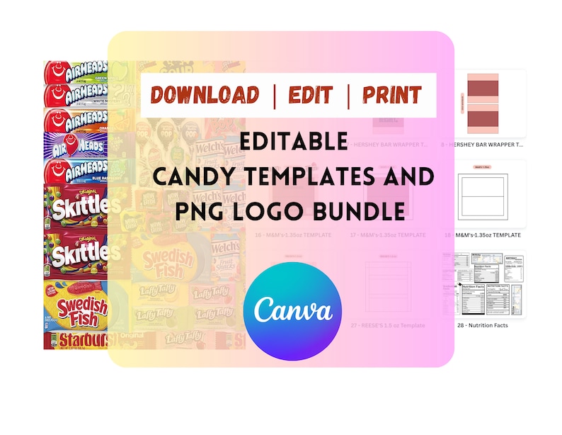Candy TEMPLATE BUNDLE | Party Favor Template Canva Editable | DIY Chips ...