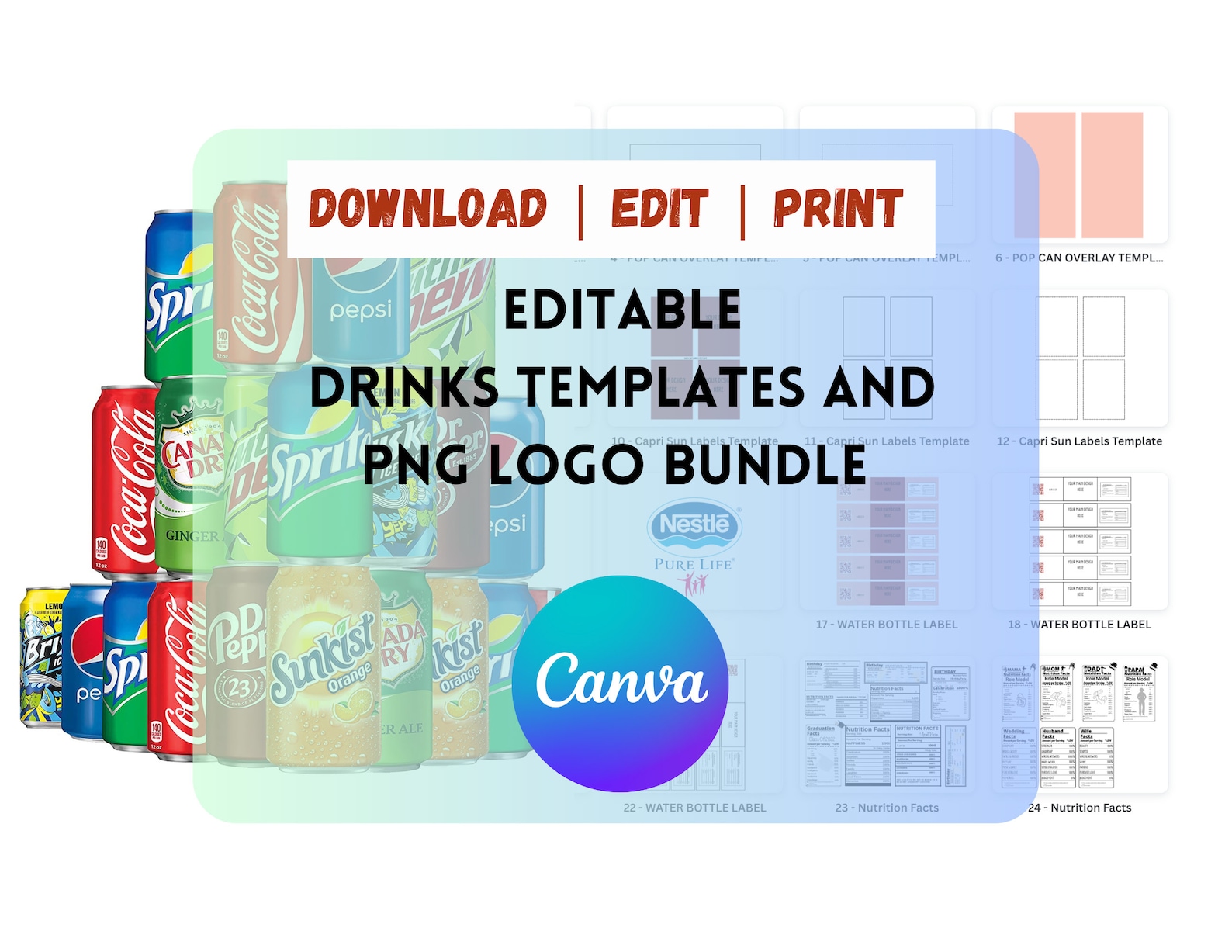 Soda TEMPLATE BUNDLE | Party Favor Template Canva Editable | DIY Coke ...