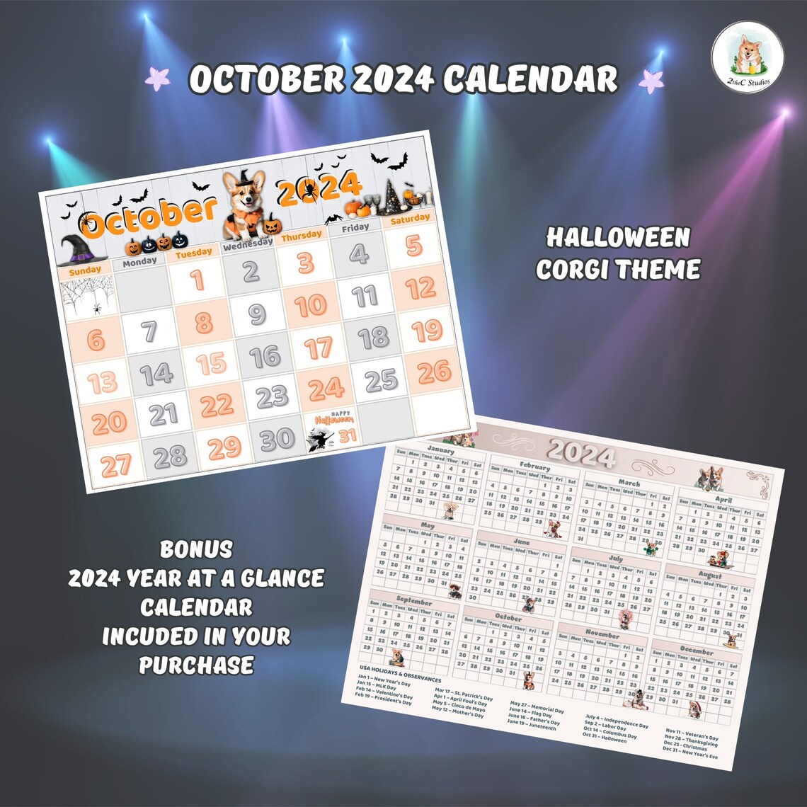 Printable October 2024 Calendar Cute Corgi Calendar Kids Room Wall ...