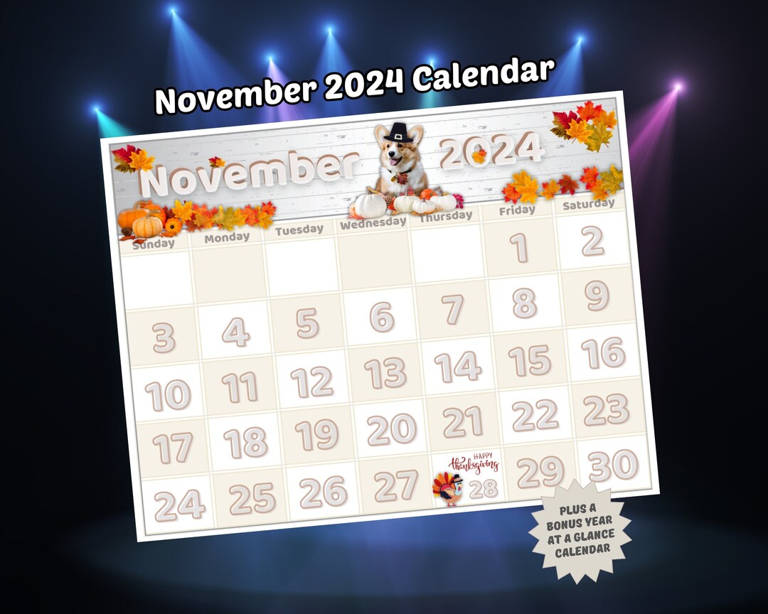 Printable November 2024 Calendar Cute Corgi Calendar Kids Room Wall ...