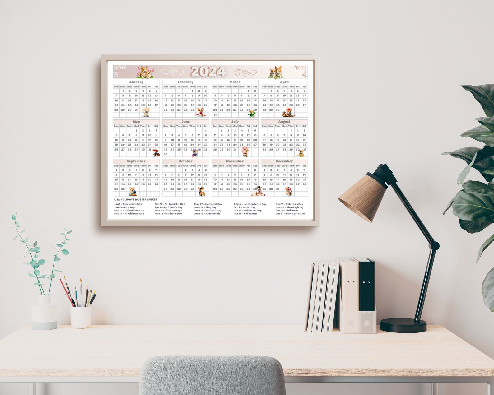 Printable October 2024 Calendar Cute Corgi Calendar Kids Room Wall ...