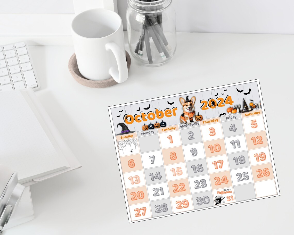 Printable October 2024 Calendar Cute Corgi Calendar Kids Room Wall ...