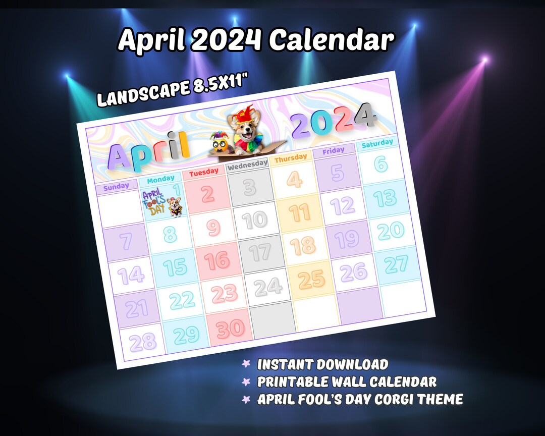 Printable April 2024 Calendar Cute Corgi Calendar Kids Room Wall ...