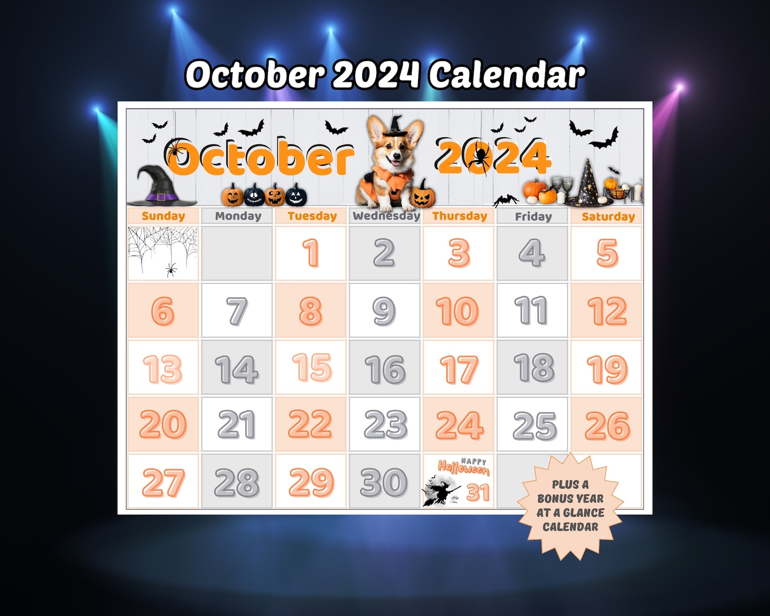Printable October 2024 Calendar Cute Corgi Calendar Kids Room Wall ...