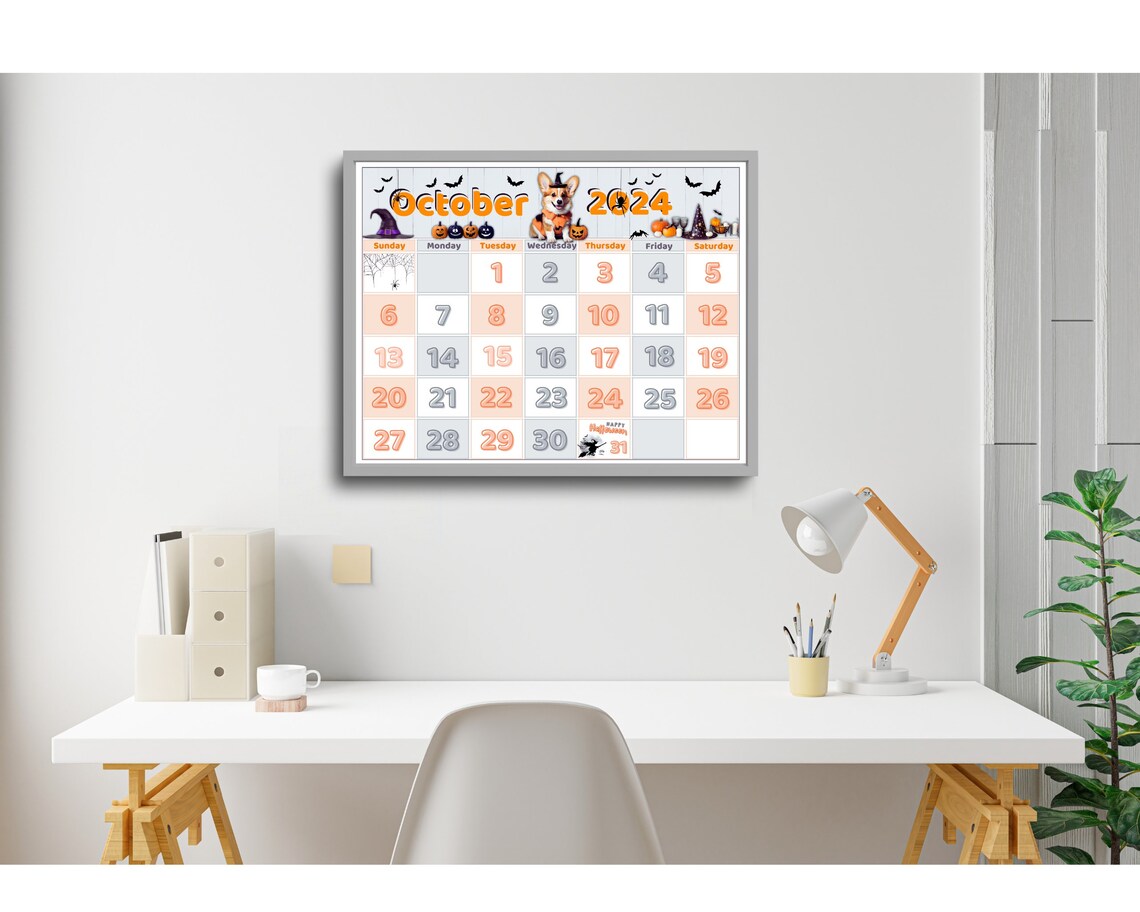 Printable October 2024 Calendar Cute Corgi Calendar Kids Room Wall ...
