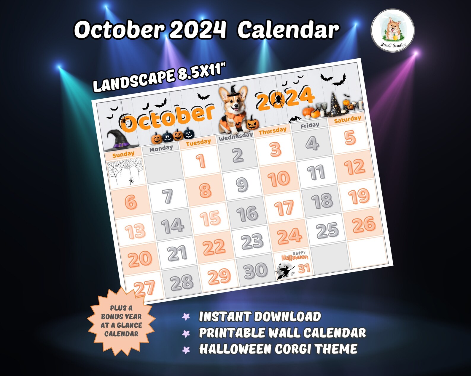 Printable October 2024 Calendar Cute Corgi Calendar Kids Room Wall ...