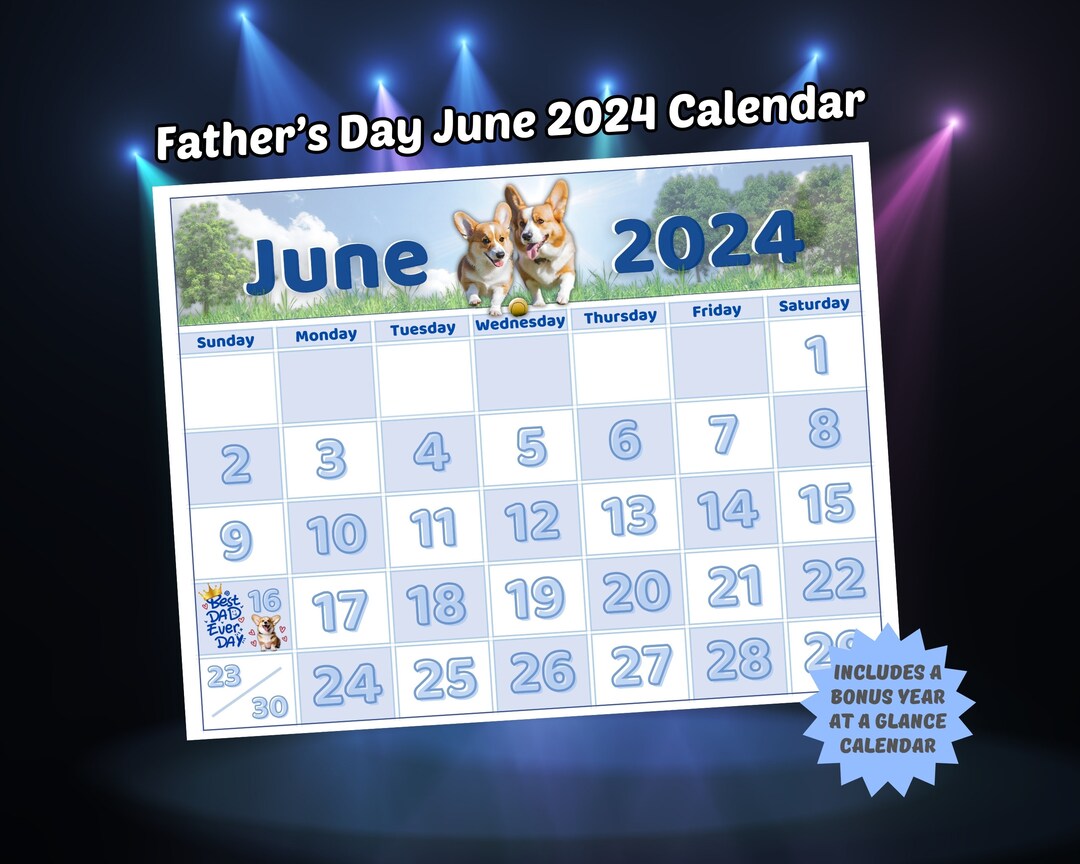 Buy Printable June 2024 Calendar Cute Corgi Calendar Kids Room Wall ...