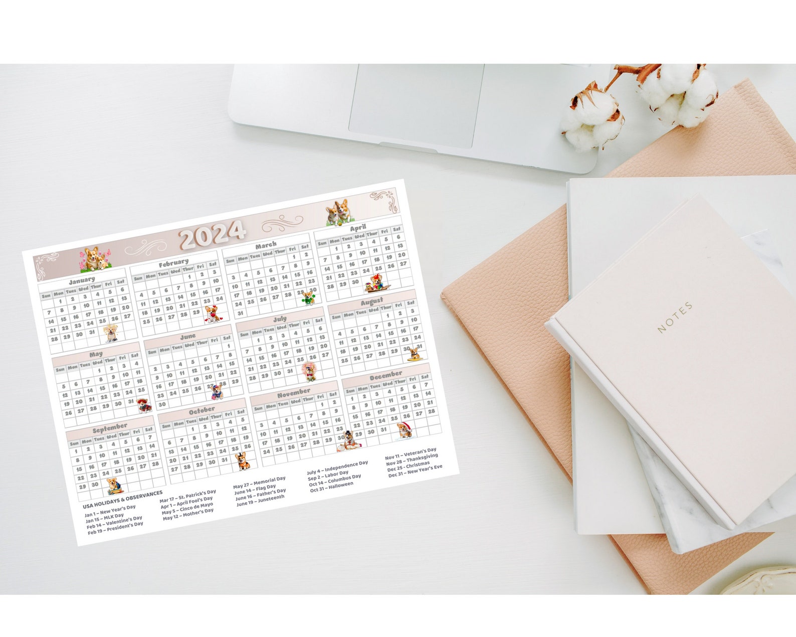 Printable October 2024 Calendar Cute Corgi Calendar Kids Room Wall ...