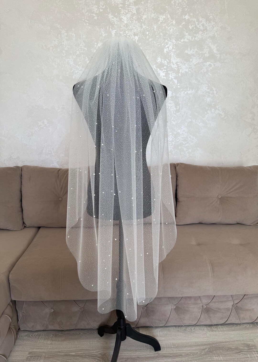 Shimmering Glitter Wedding Veil With Scattered Pearls – Handmade Drop ...