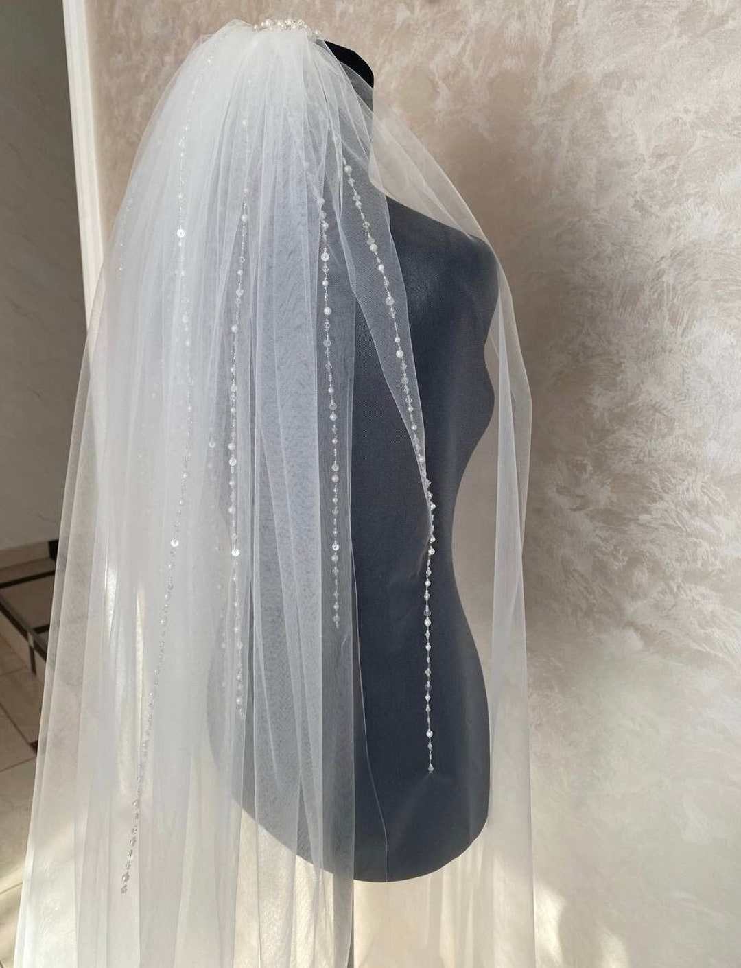Cathedral Wedding Veil, Beaded Bridal Veil, Handmade Beads Veil, Ivory ...