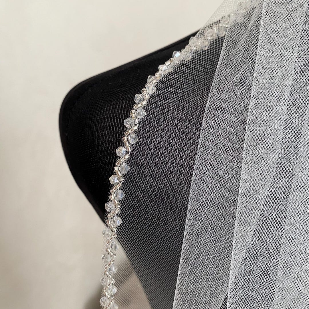 Handmade Beaded Bridal Veil, Ivory Wedding Veil With Pearl and Crystal ...