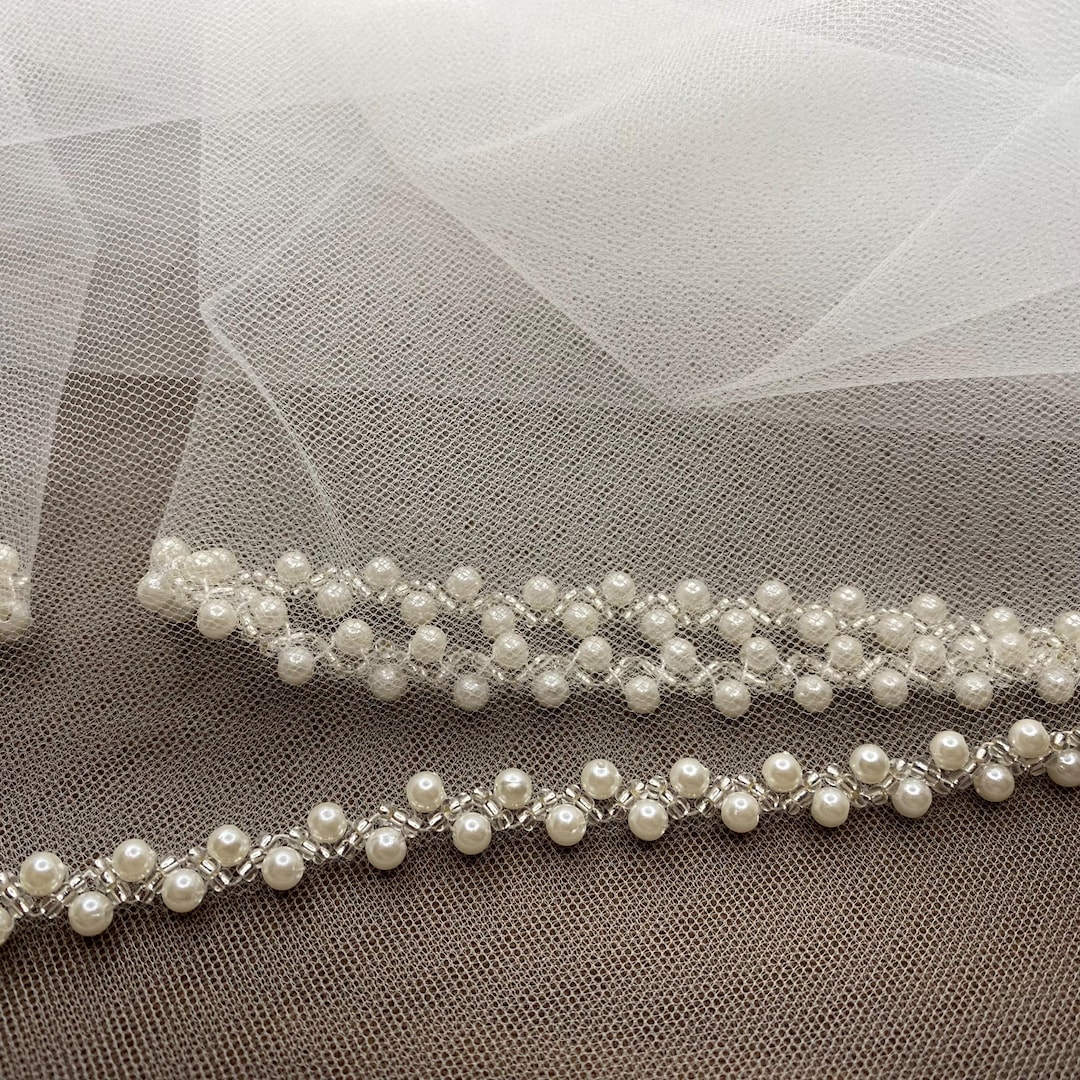 Pearls Trim Wedding Veil , Beaded Bridal Veil, Ivory Pearls Edge Veil ...