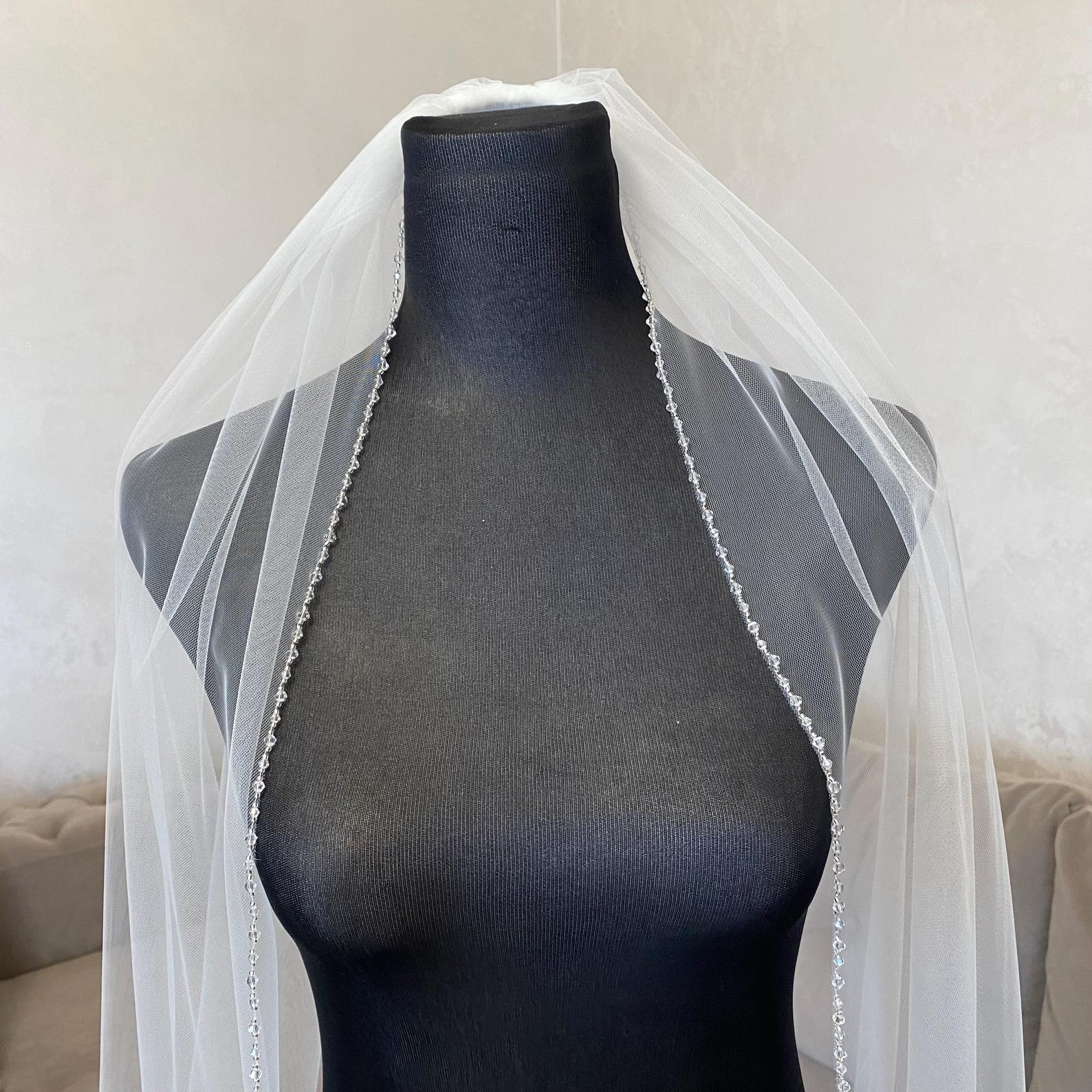 Ivory Wedding Crystal Veils, Crystal Edge Bridal Veil,handmade Beads ...