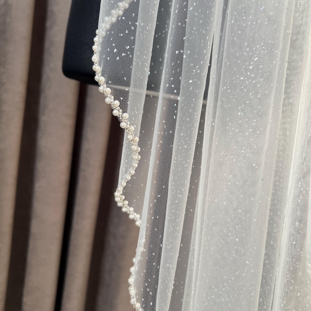 Glitter Pearls Wedding Veil, Sparkle Tulle Bridal Veil With Beaded Edge ...