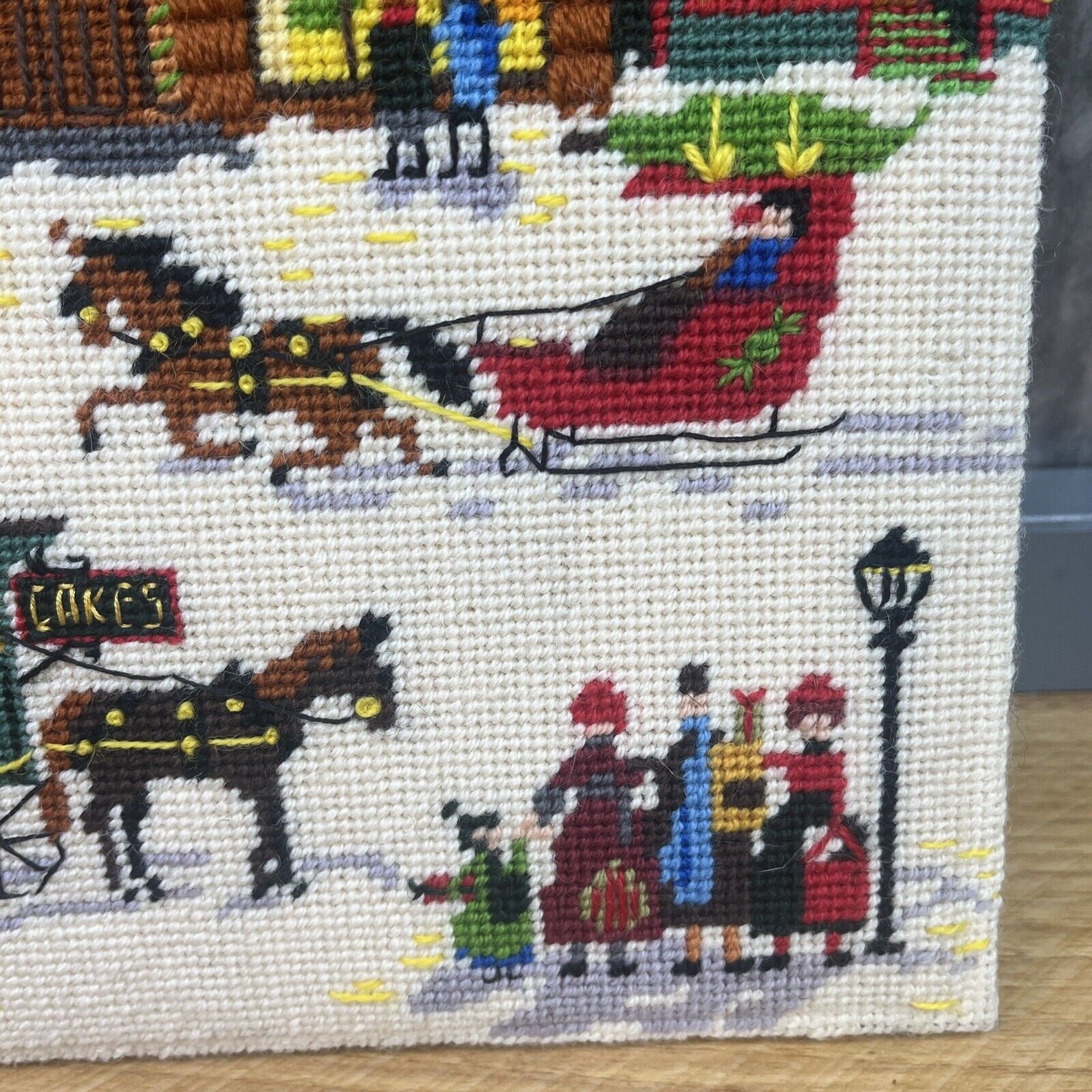 Vtg Completed Needlepoint Christmas Village Country Store Winter Scene ...