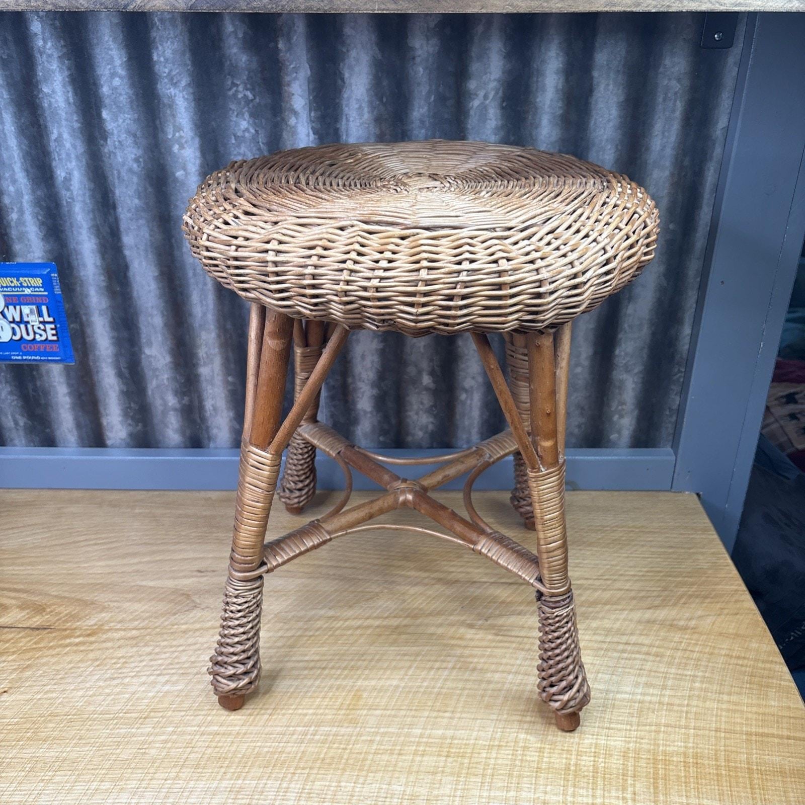 Vintage Rattan Wicker Round Vanity Stool MCM Seat Plant Stand Boho ...
