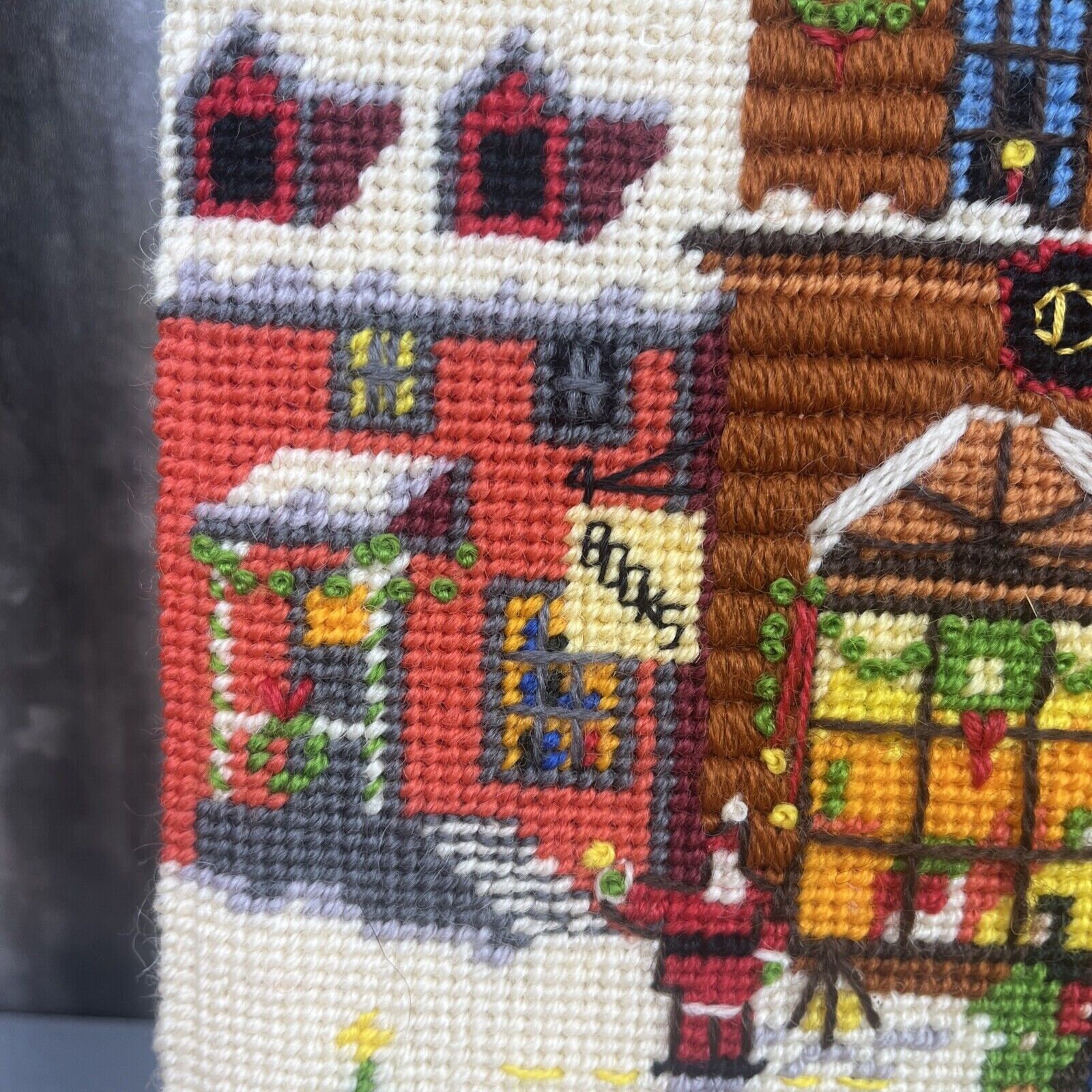 Vtg Completed Needlepoint Christmas Village Country Store Winter Scene ...