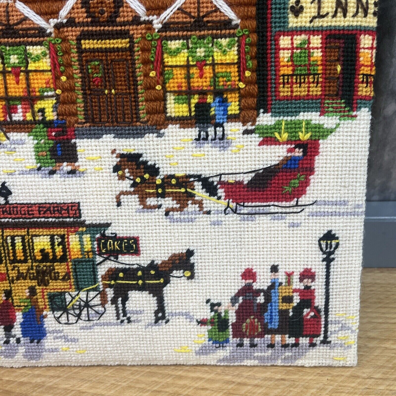 Vtg Completed Needlepoint Christmas Village Country Store Winter Scene ...