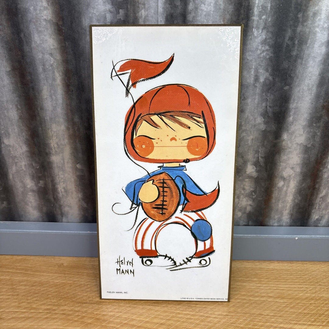 Vintage Helyn Mann Lithograph Laminated Cartoon Caricature Football ...