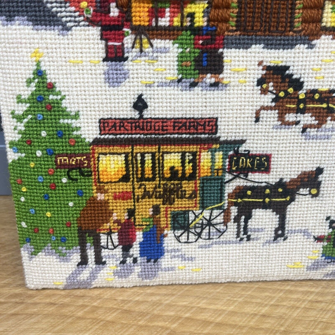 Vtg Completed Needlepoint Christmas Village Country Store Winter Scene ...