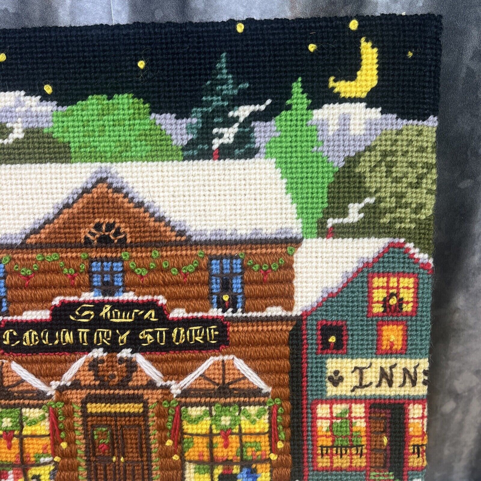 Vtg Completed Needlepoint Christmas Village Country Store Winter Scene ...