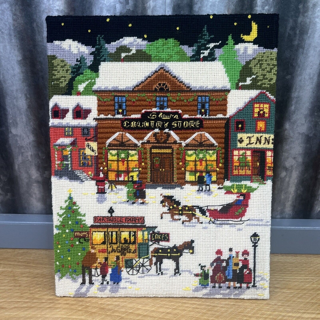Vtg Completed Needlepoint Christmas Village Country Store Winter Scene ...