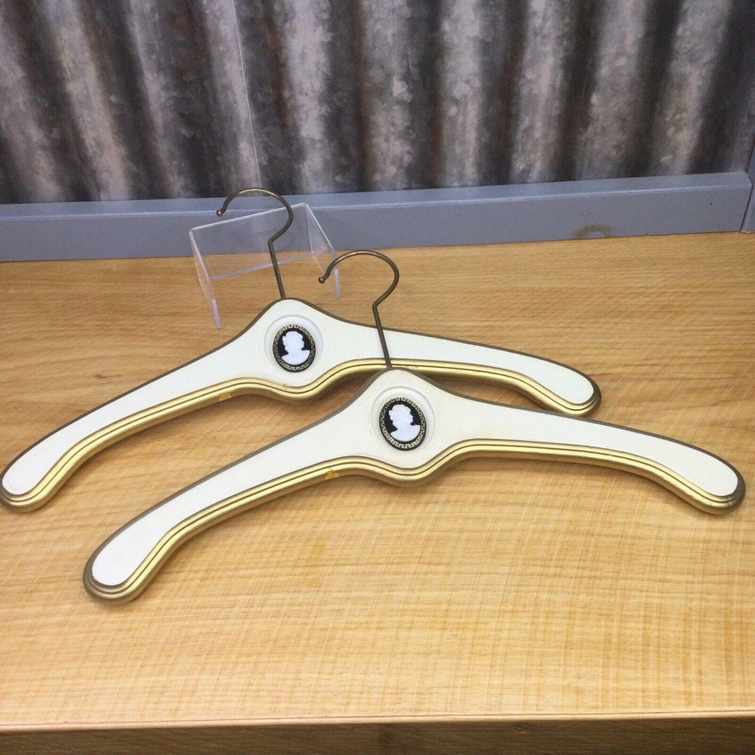2 Vintage Wooden Clothes Hangers W/ Cameo Woman Profile Regency MCM ...