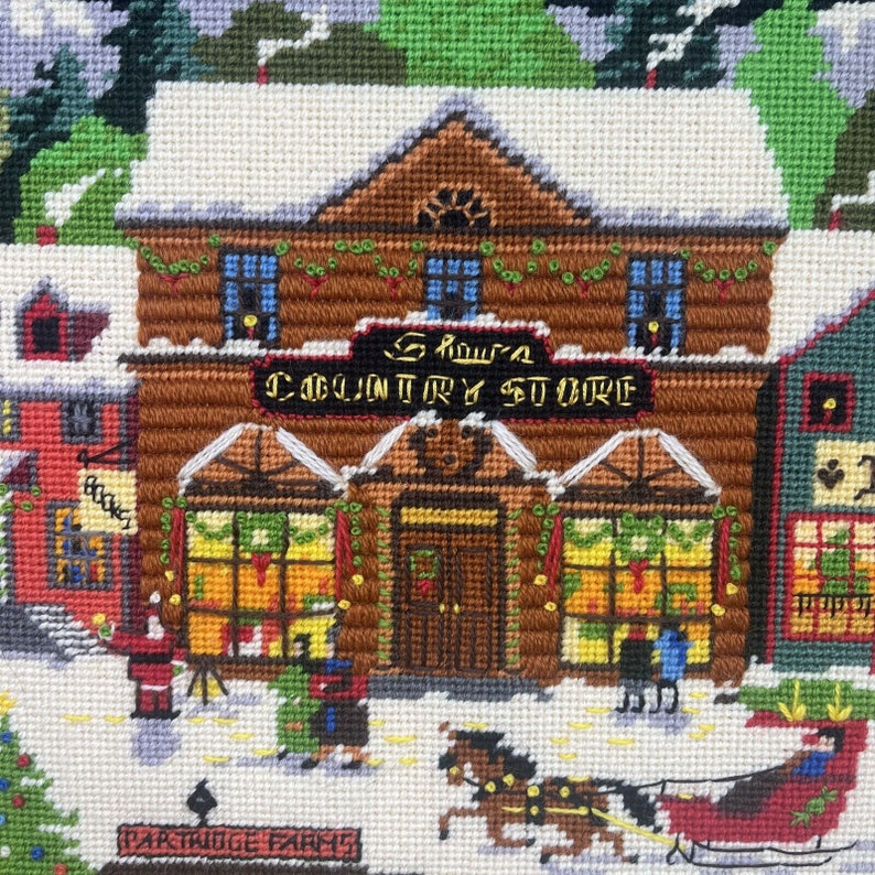 Vtg Completed Needlepoint Christmas Village Country Store Winter Scene ...