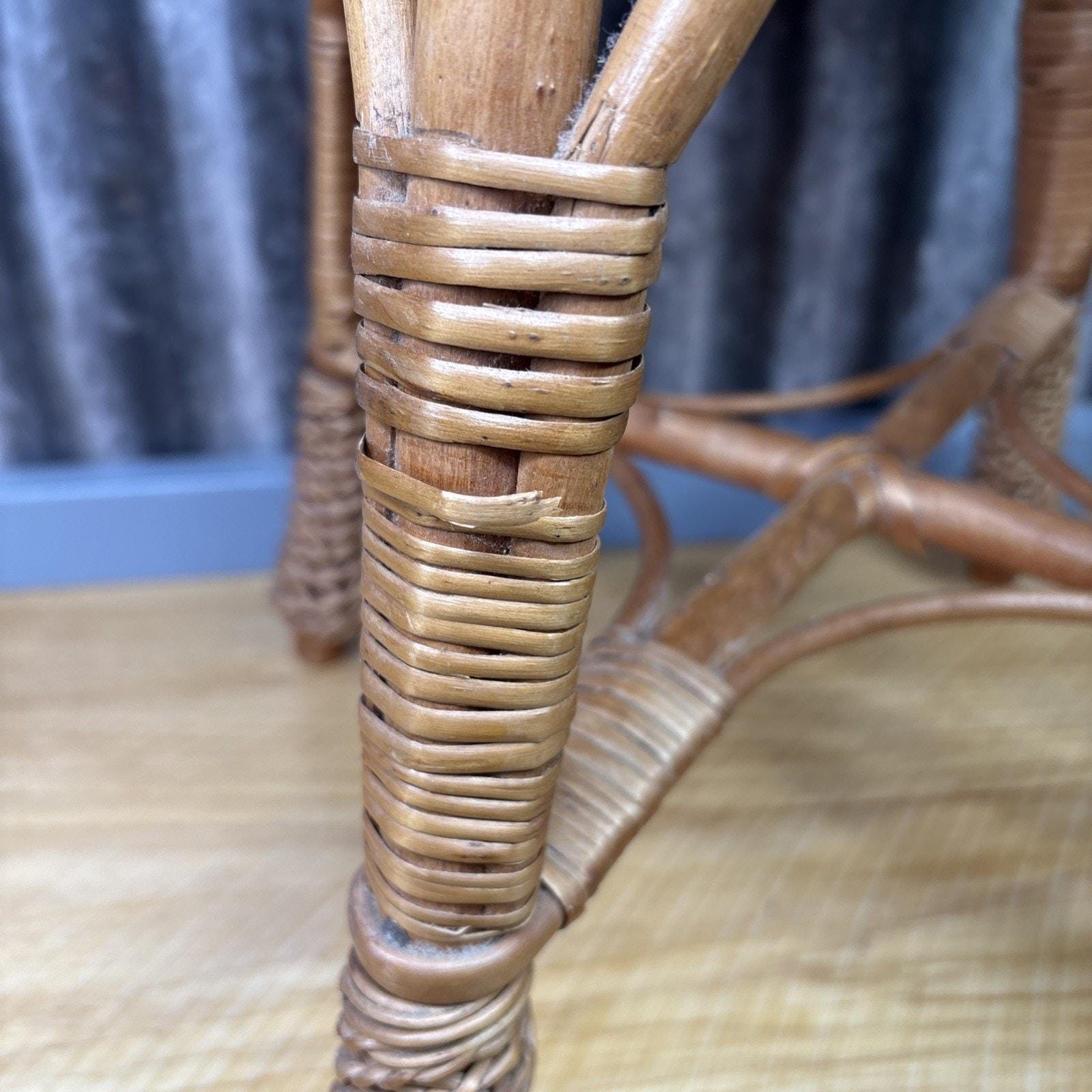 Vintage Rattan Wicker Round Vanity Stool MCM Seat Plant Stand Boho ...