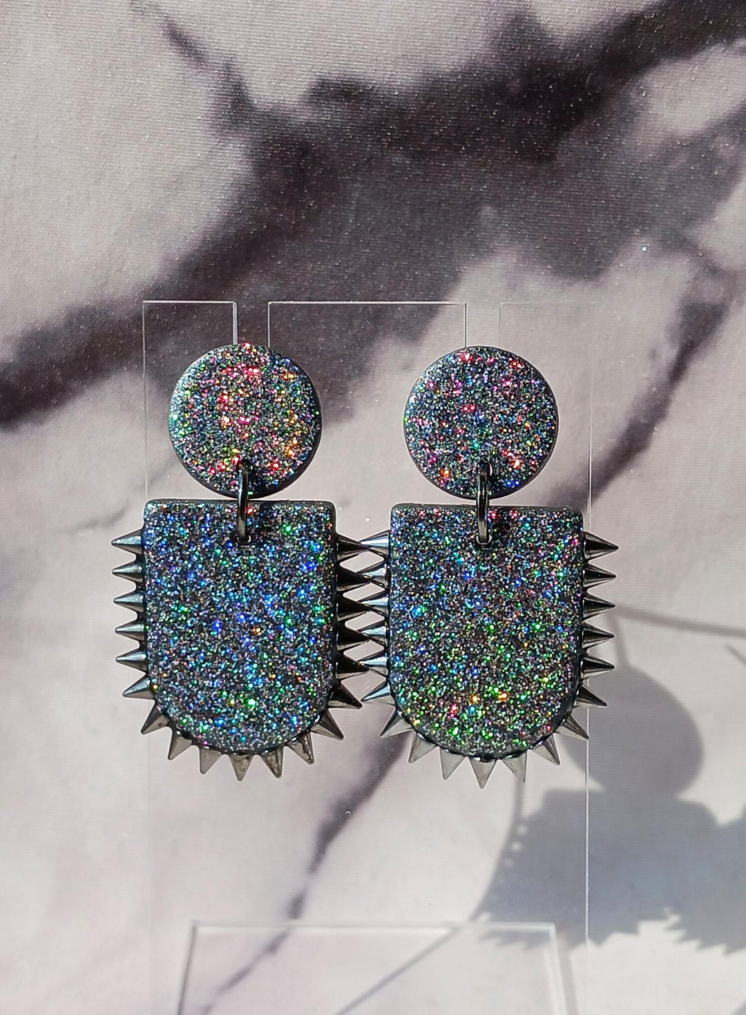 Dark Grey Holographic Spiked Earrings, Polymer Clay, Lightweight ...