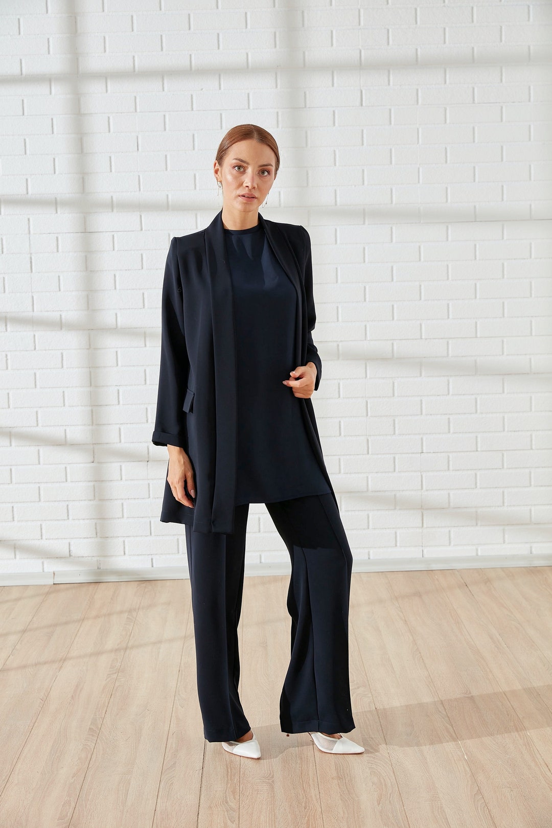 Navy Blue 3 Piece Women's Suit, Women's Dress Set, Three-piece Women's ...