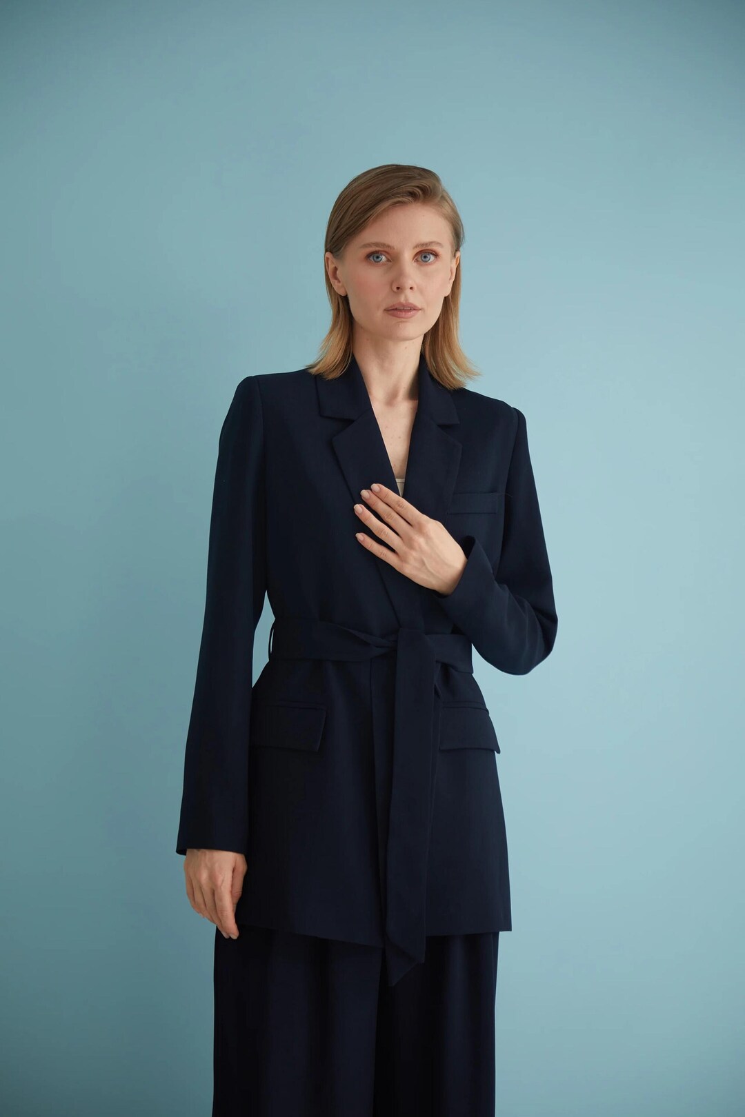Double Breasted Belted Jacket Navy Blue - Etsy