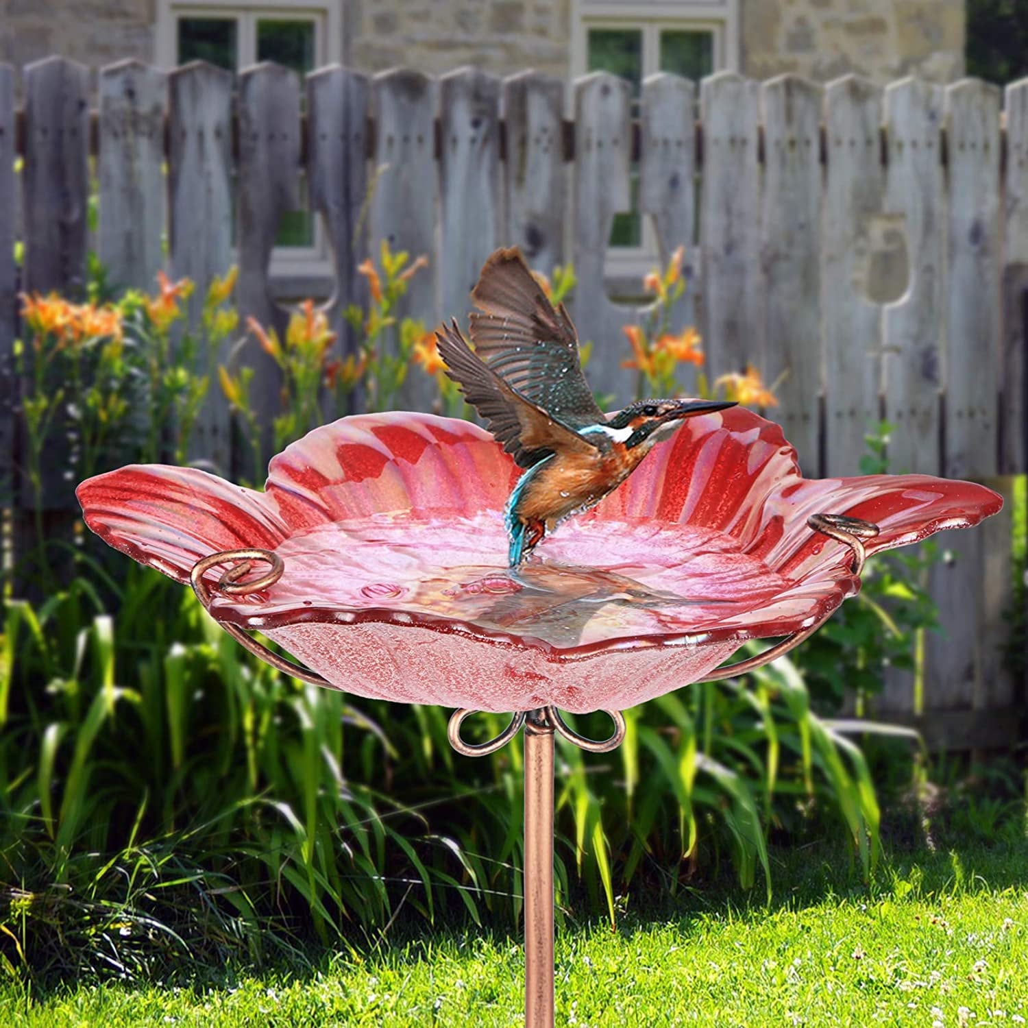 26 Inch Pink Bird Bath Bowl, Glass Bird Bath Bowl With Metal Stake - Etsy