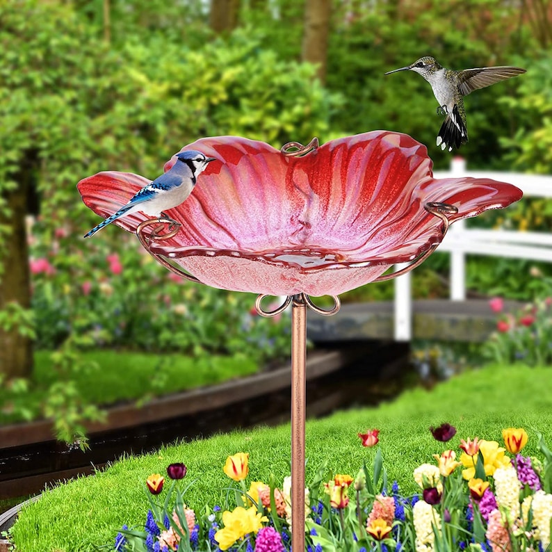 26 Inch Pink Bird Bath Bowl, Glass Bird Bath Bowl With Metal Stake - Etsy