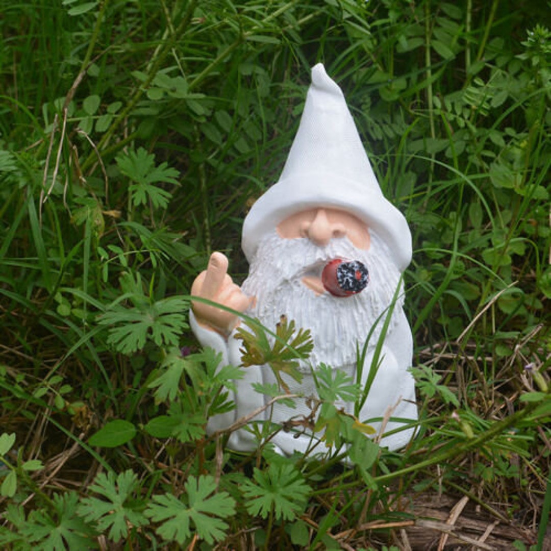 White Wizard Garden Gnome Middle Finger Garden Smoking, Yard Lawn ...