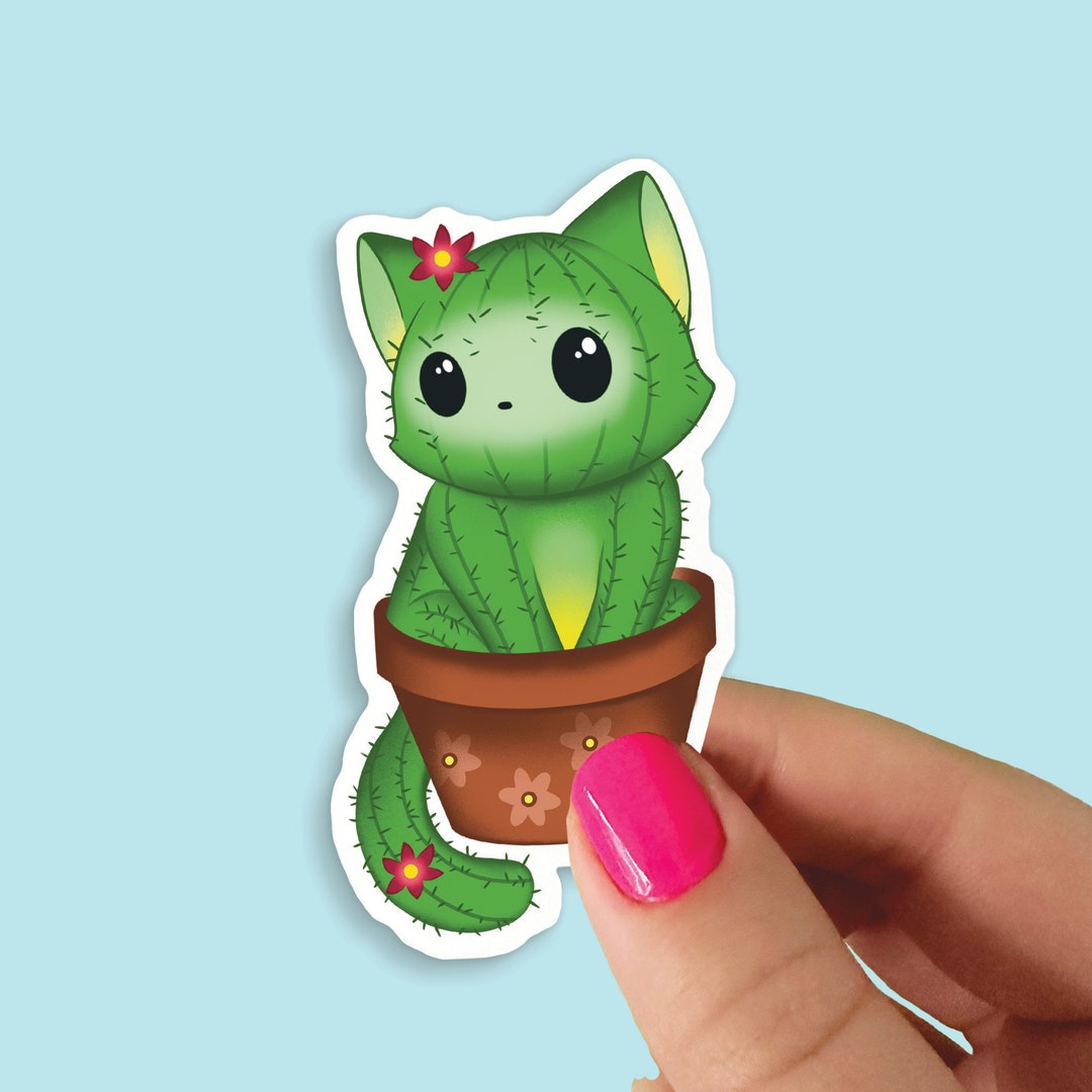 Cactus Cat Kawaii Cryptid Glossy Sticker | Cute Paranormal Mythical Monster Sticker | Waterproof ...