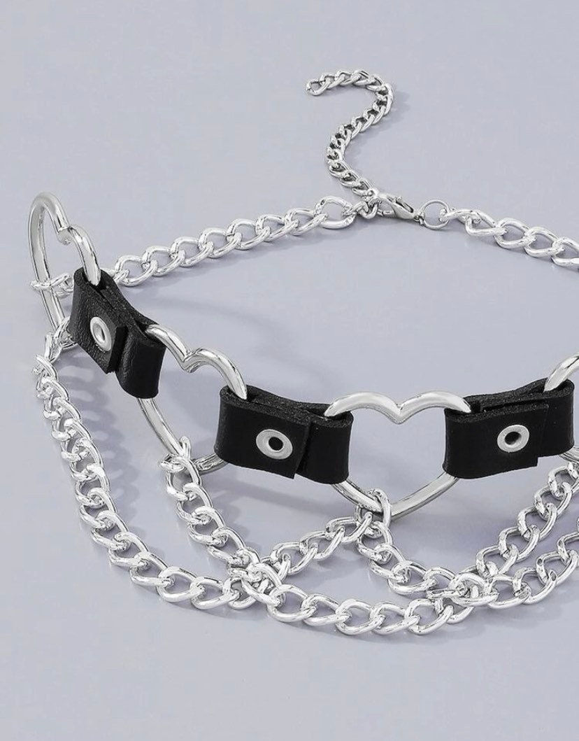 Adjustable Black Leather Choker With Chains and Silver Heart Charm. - Etsy