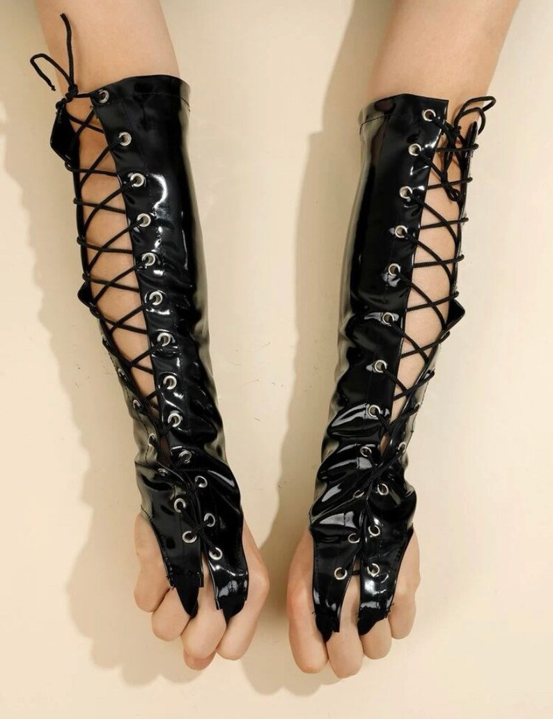 Black PVC Gloves Fingerless Pvc Corset Lace up Gauntlet Gloves Fancy ...