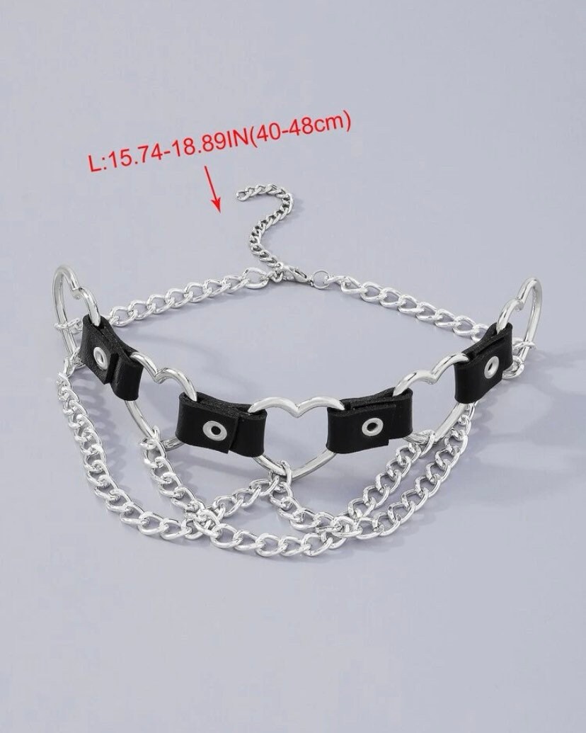 Adjustable Black Leather Choker With Chains and Silver Heart Charm. - Etsy