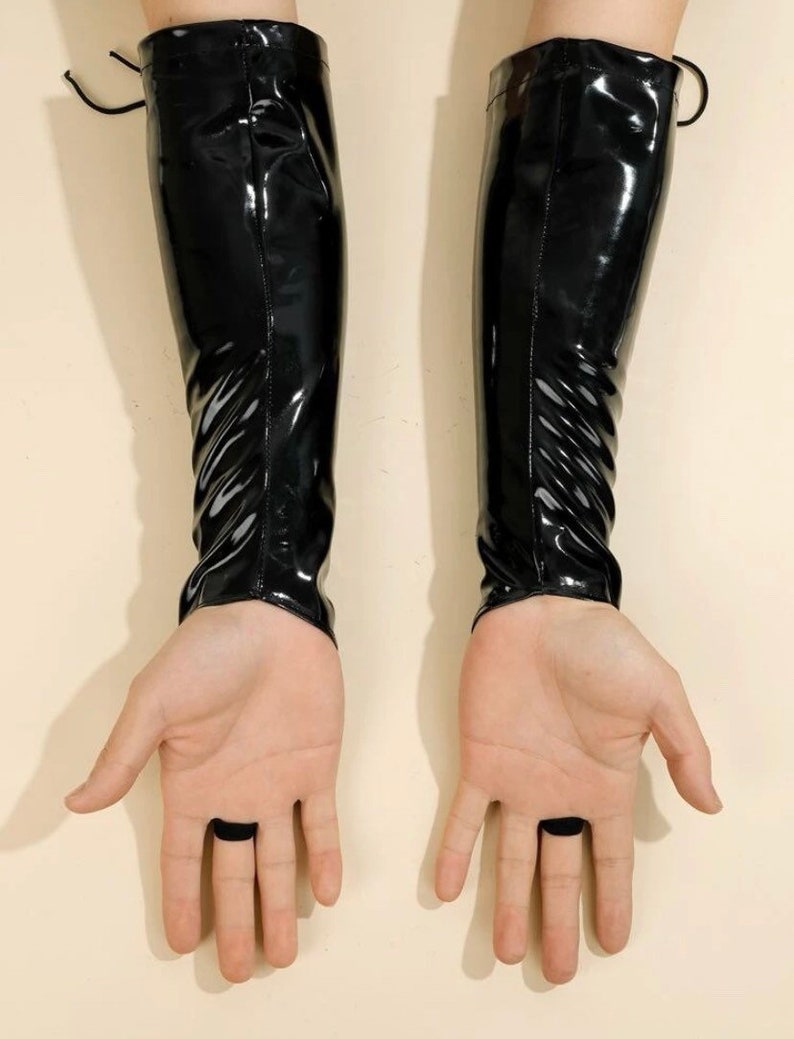 Black PVC Gloves Fingerless Pvc Corset Lace up Gauntlet Gloves Fancy ...