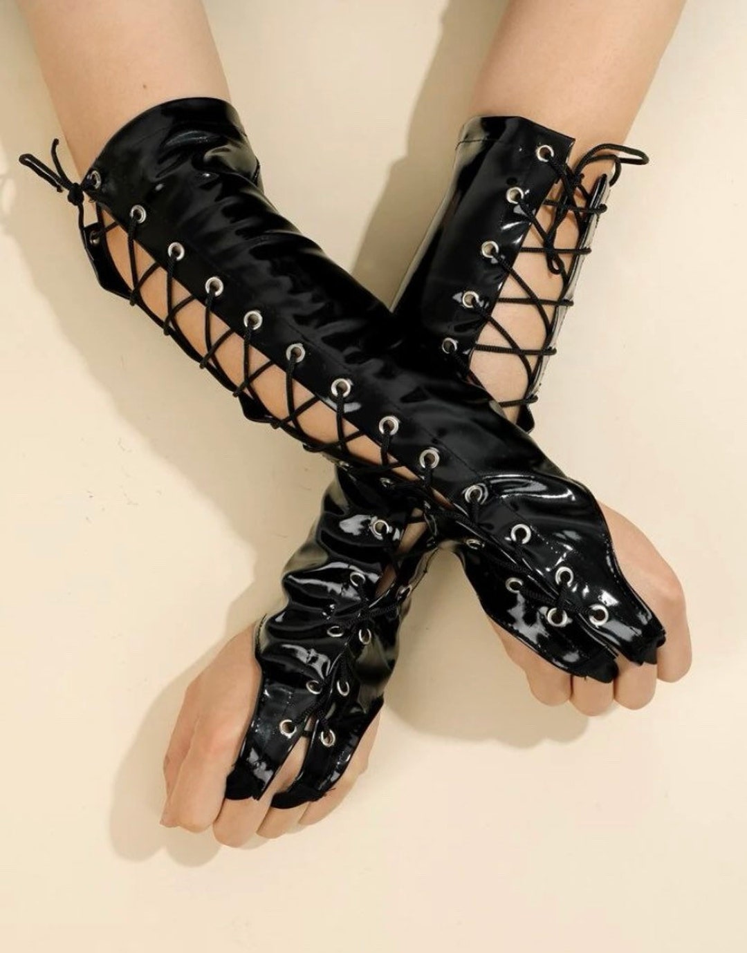 Black PVC Gloves Fingerless Pvc Corset Lace up Gauntlet Gloves Fancy ...