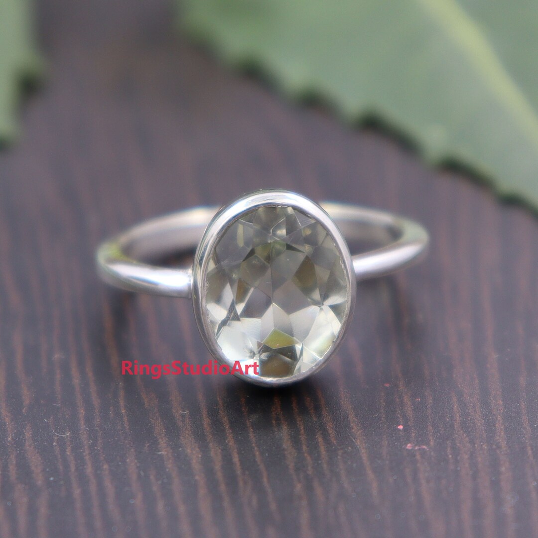 Natural Light Green Amethyst Ring / Bezel Set Oval Shape Gemstone Ring ...