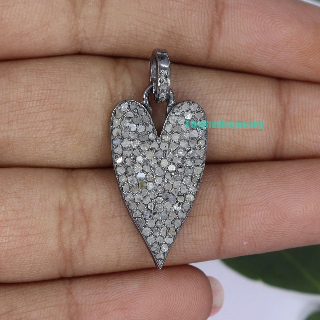 Natural Pave Diamond Heart Shape 31 Mm X 14 Mm Pendant Necklace, 925 ...