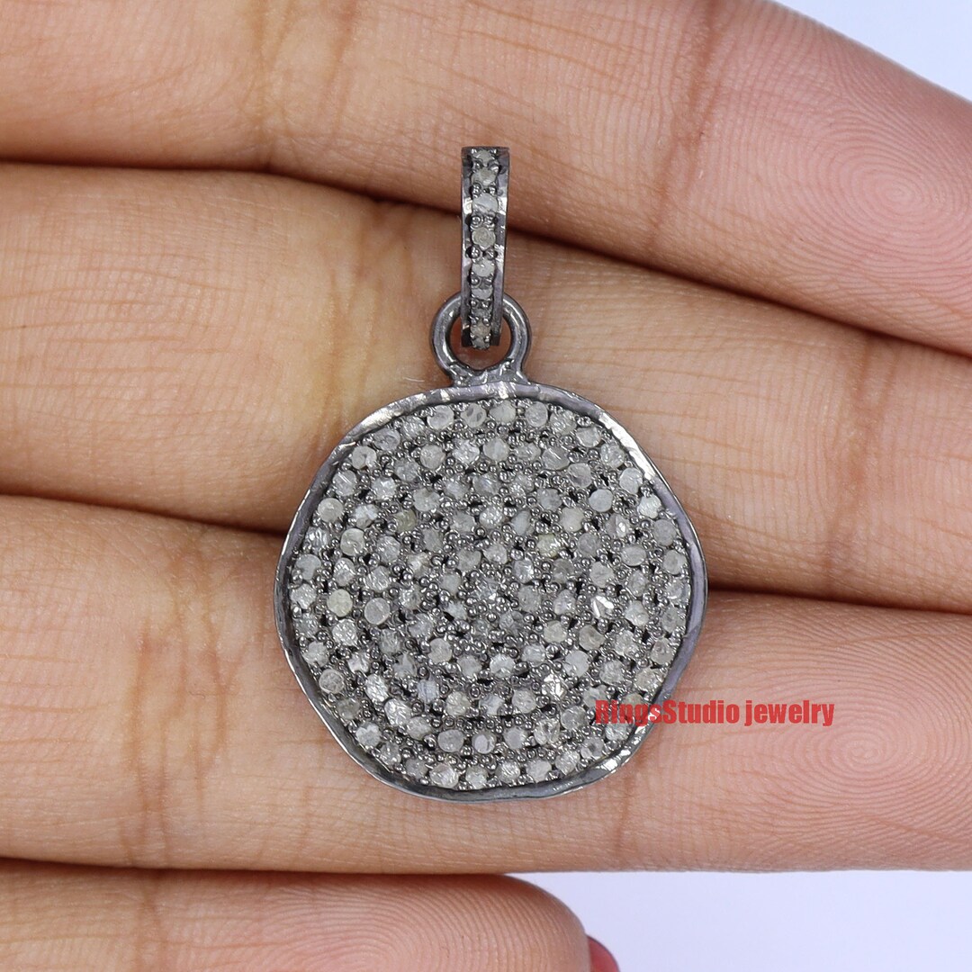 Pave Diamond Potato Chip Pendant: Oxidized Sterling Silver Charm - Etsy