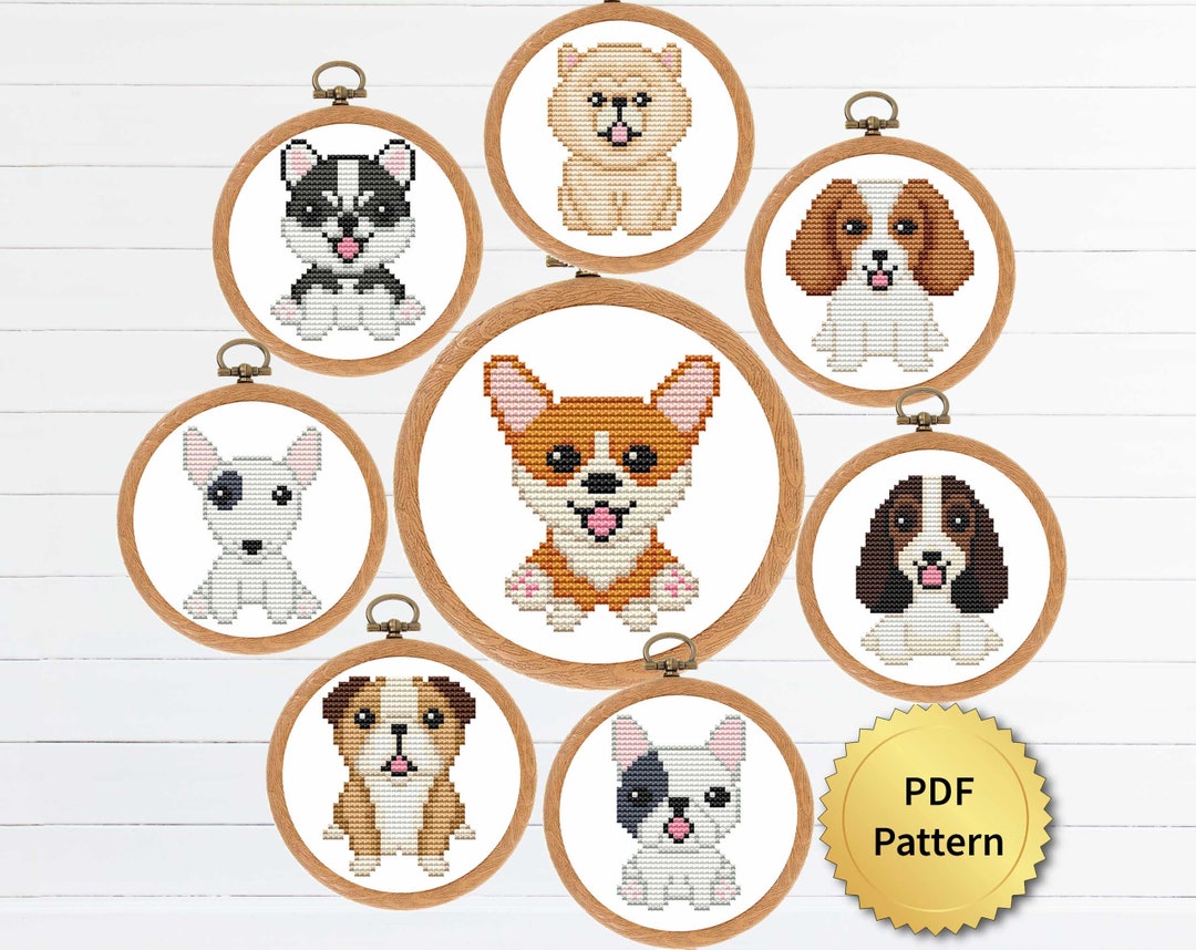 SET of 8 Cute Tiny Puppies Dog Cross Stitch Pattern. Super Easy Small ...