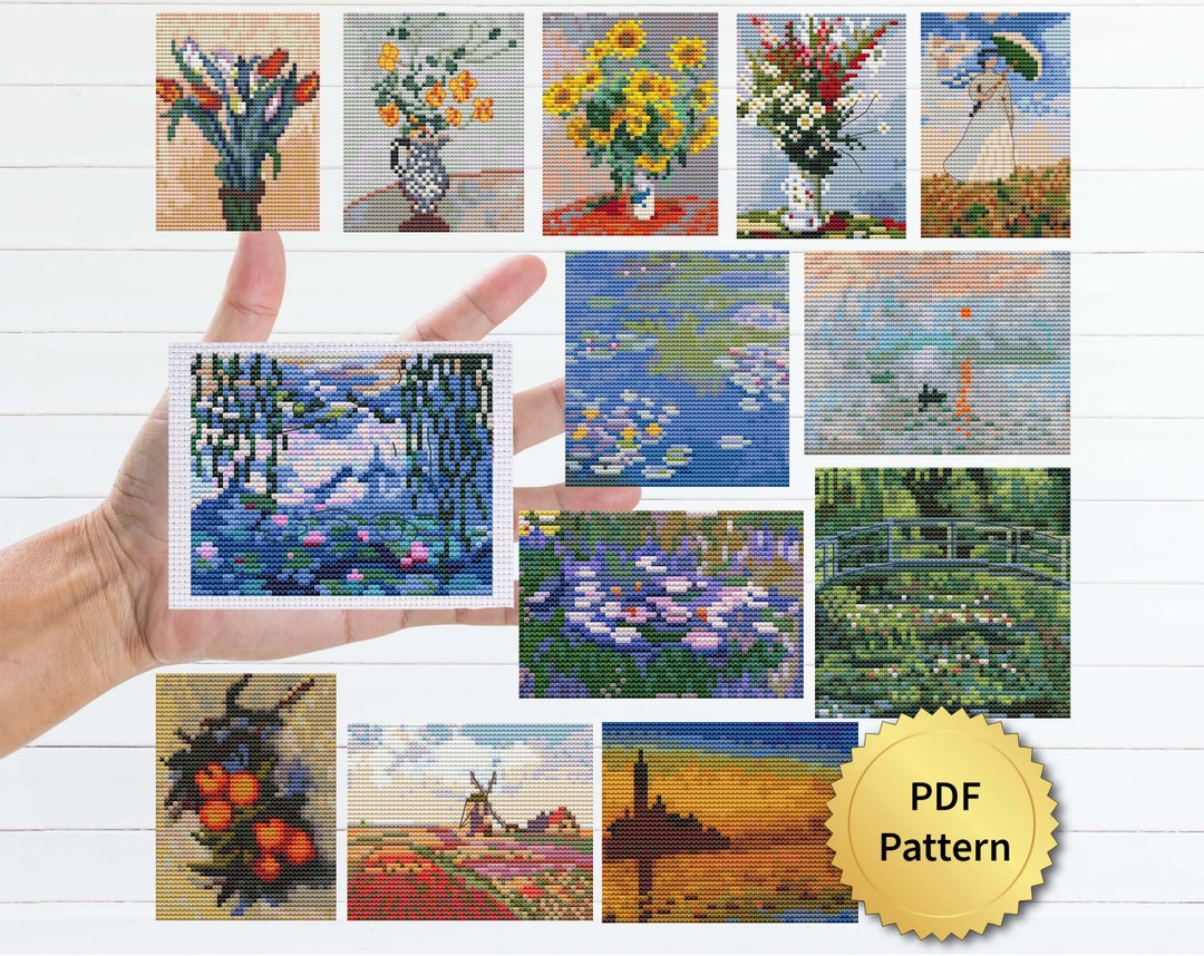 SET of 15 Claude Monet Cross Stitch Pattern. Miniature Art Tiny Drawing ...